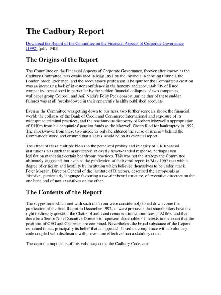 The Cadbury Report | PDF | Board Of Directors | Corporate Governance