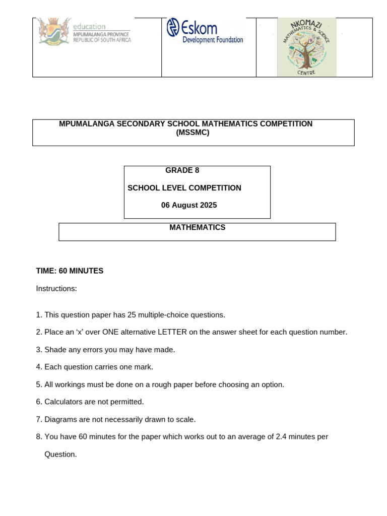 Edited Grade 8 School Level Question Paper 2025 | PDF | Mathematics ...
