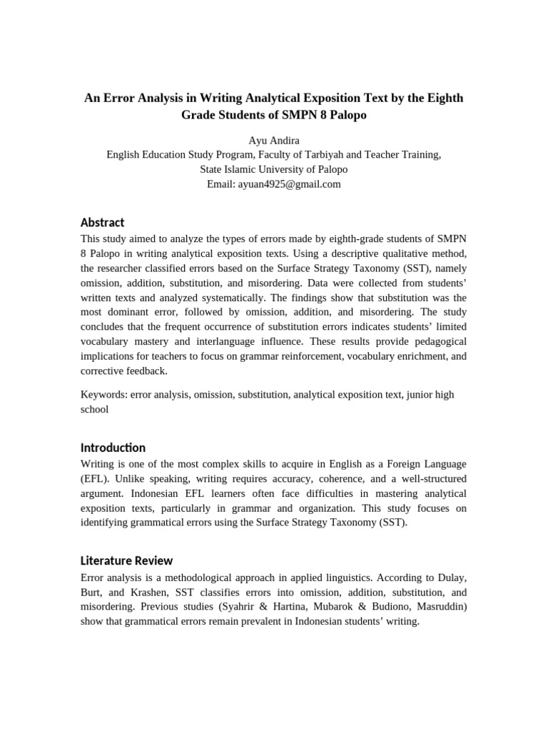 Error Analysis of Eighth Graders' Writing | PDF | Language Acquisition ...