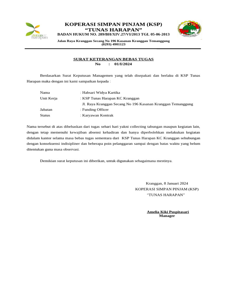 Surat Bebas Tugas Karyawan KSP Tunas Harapan | PDF