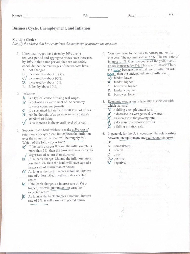 Business Cycle, Unemployment, and Inflation MCQ Worksheet | PDF