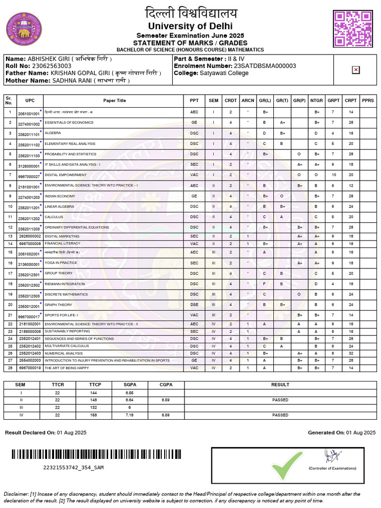 University of Delhi: Semester Examination June 2025 Statement of Marks ...