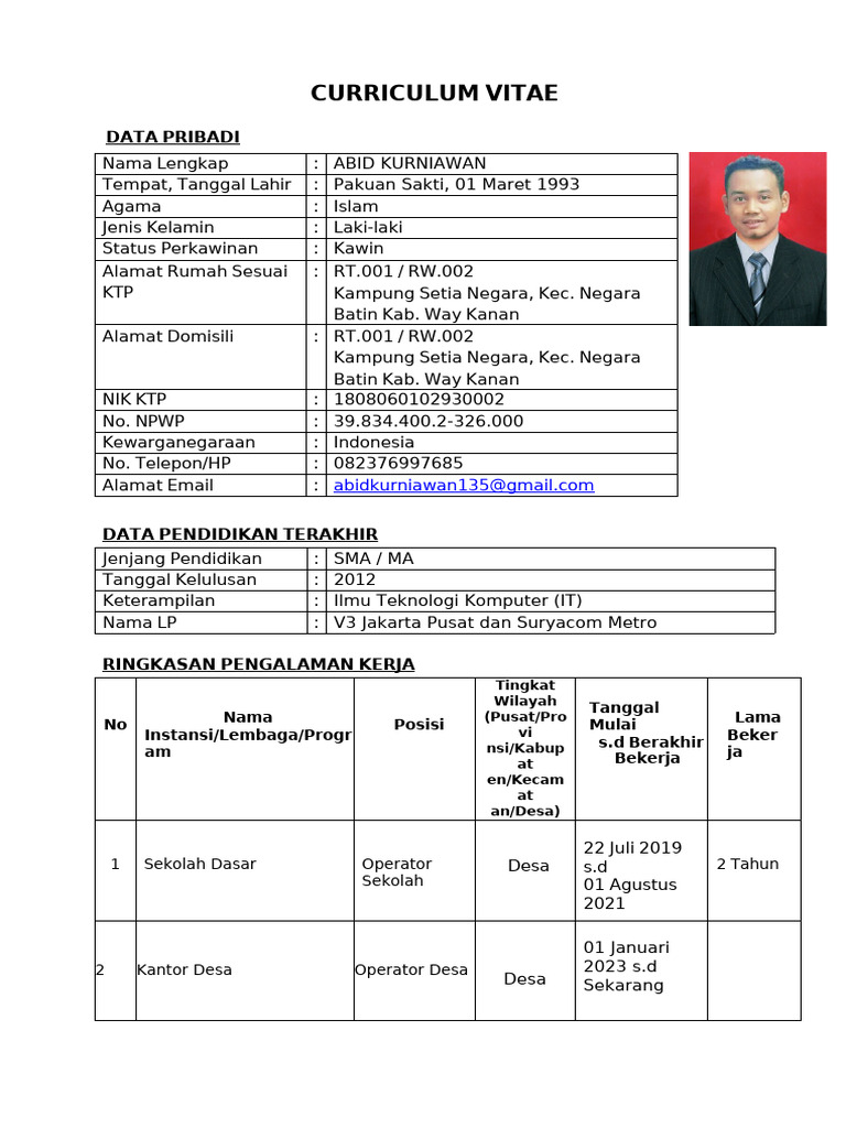 CV Abid Kurniawan: Data Pribadi & Pengalaman | PDF