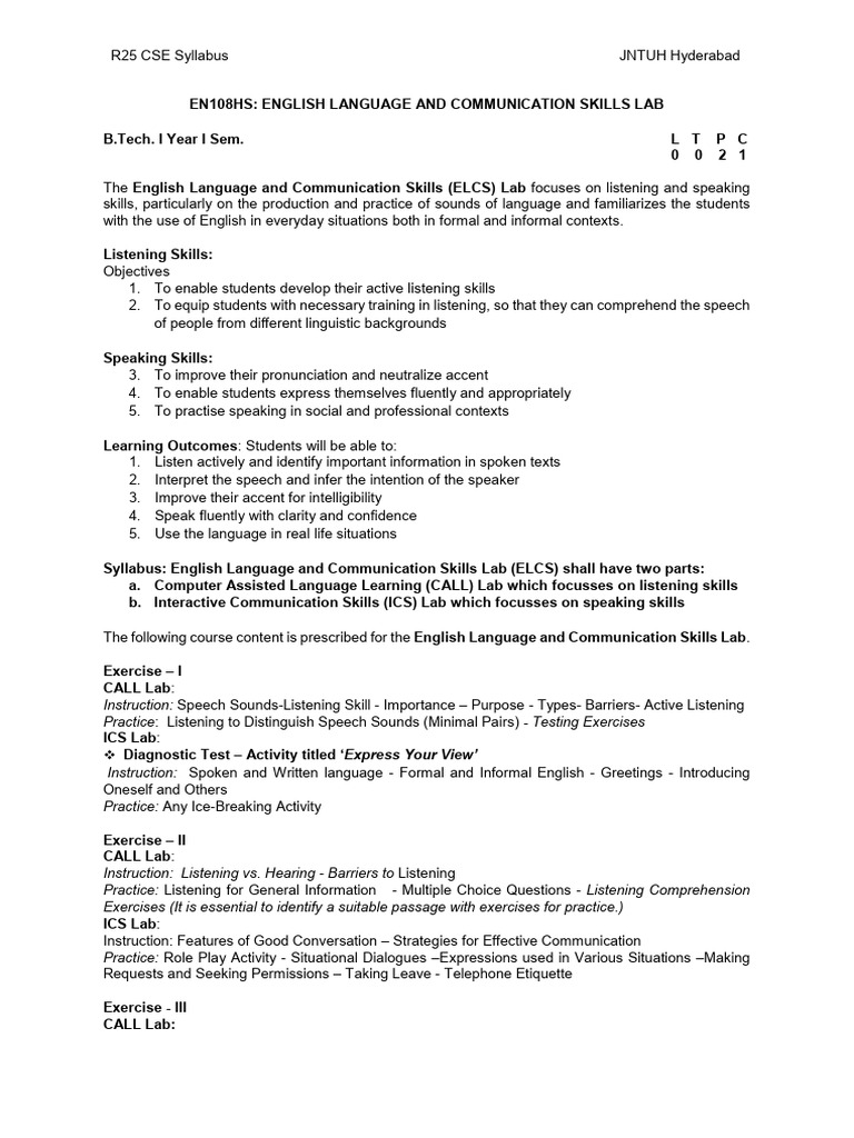 ELCS Lab Syllabus Overview | PDF | Communication | Accent ...