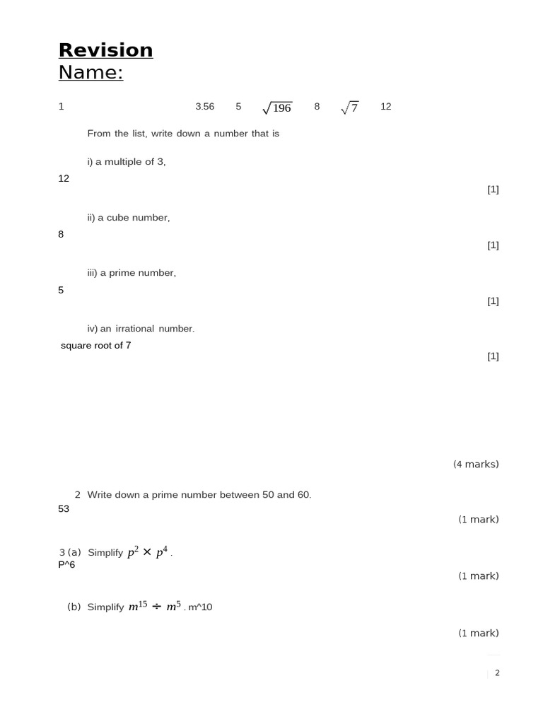 G9 Revision (Units 1, 2, 6) | PDF | Combinatorics | Numbers