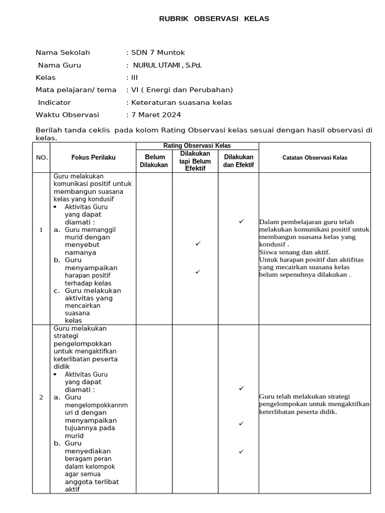 Rubrik Observasi Nurul | PDF
