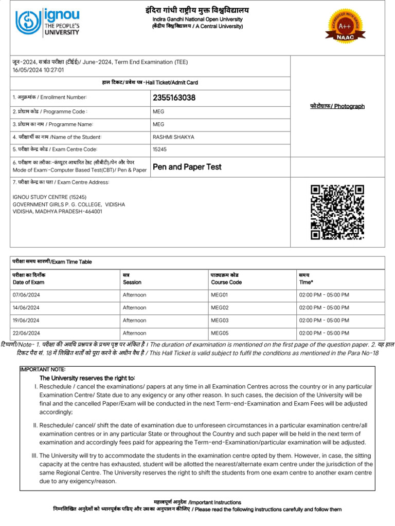 Admit Card Ignou | PDF