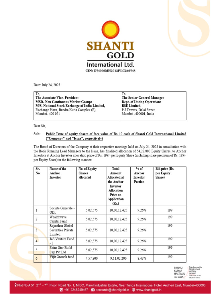 Shanti Gold International Limited Anchor Allocation | PDF | Financial ...