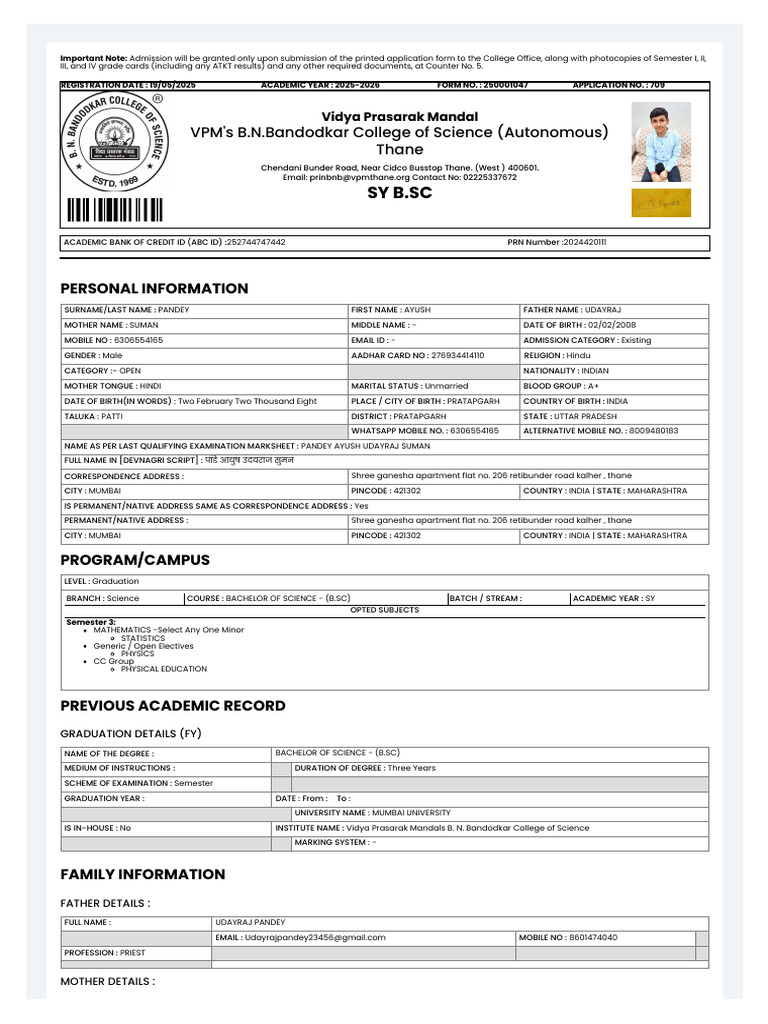 BNB College Online Registration Form | PDF