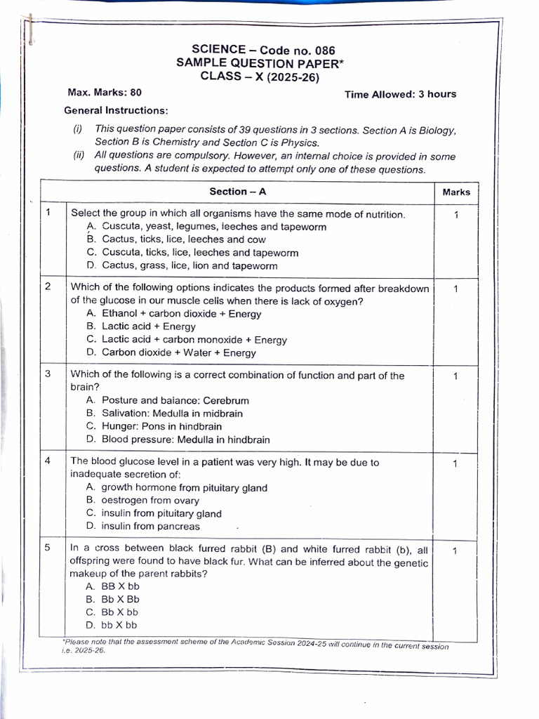 Class 10 Science Sample Paper 2025-26 | PDF | Hydrocarbons | Camera Lens