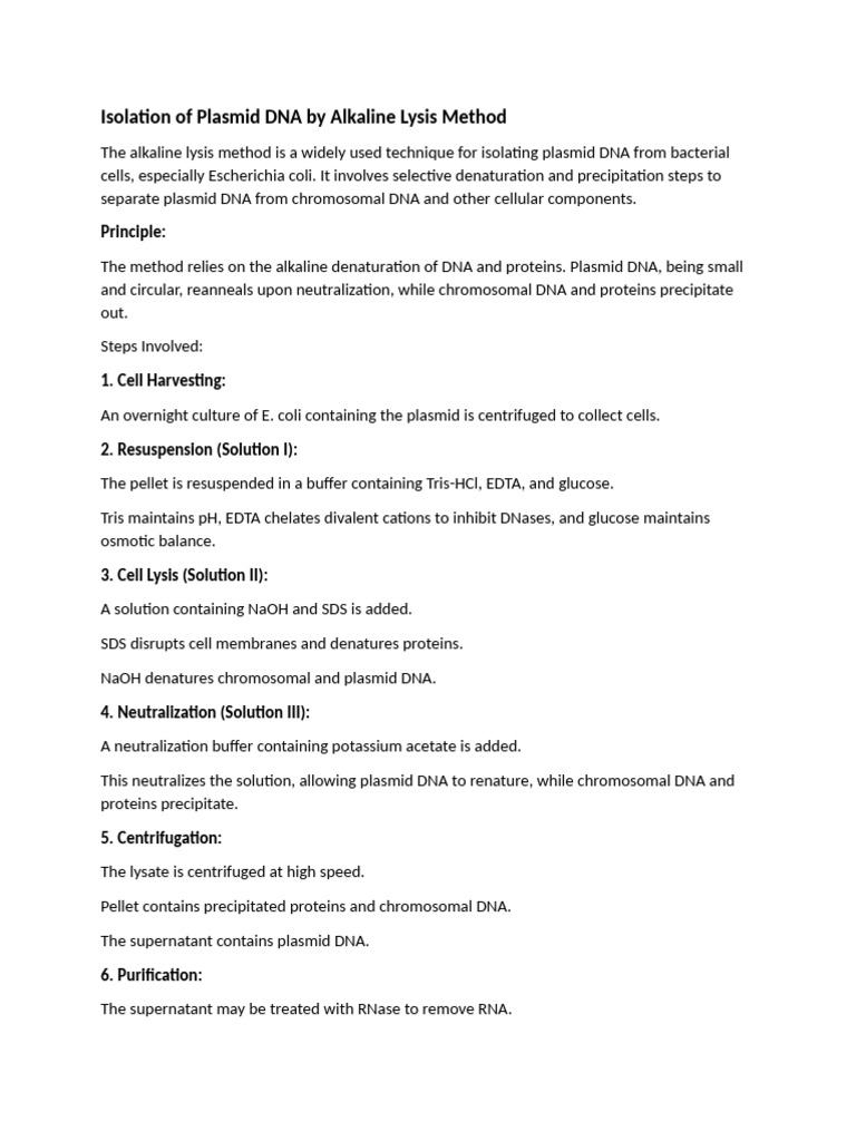 Plasmid DNA Isolation via Alkaline Lysis | PDF | Lysis | Biochemistry