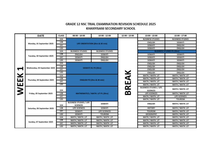 Grade 12 NSC Trial Exam Schedule | PDF