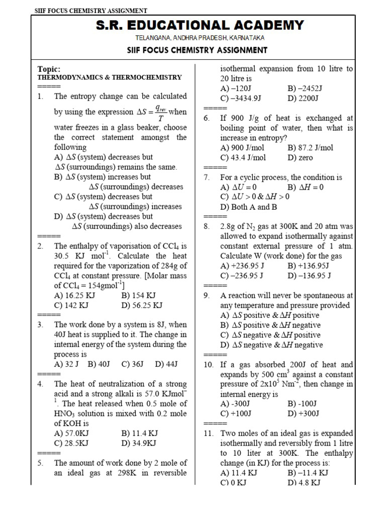 Thermodynamics & Thermochemistry Assignment | PDF | Heat | Gases
