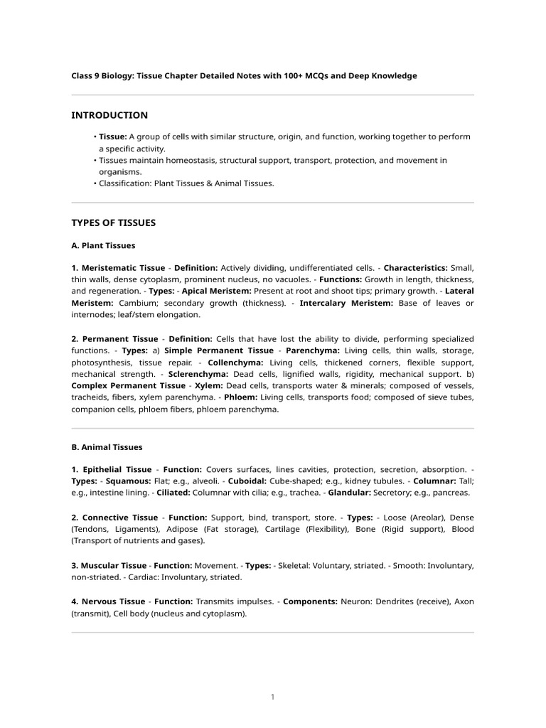 Class 9 Tissue Biology Notes & MCQs | PDF | Tissue (Biology) | Epithelium