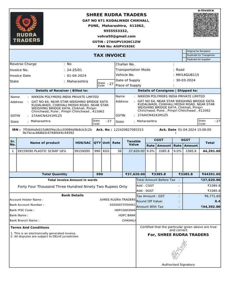 Invoice for Nikkon Polymers Pvt Ltd | PDF | Government | Economy Of India