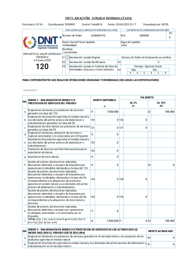 Declaración Jurada IVA Formulario 120 V4 | PDF | Impuesto al valor ...