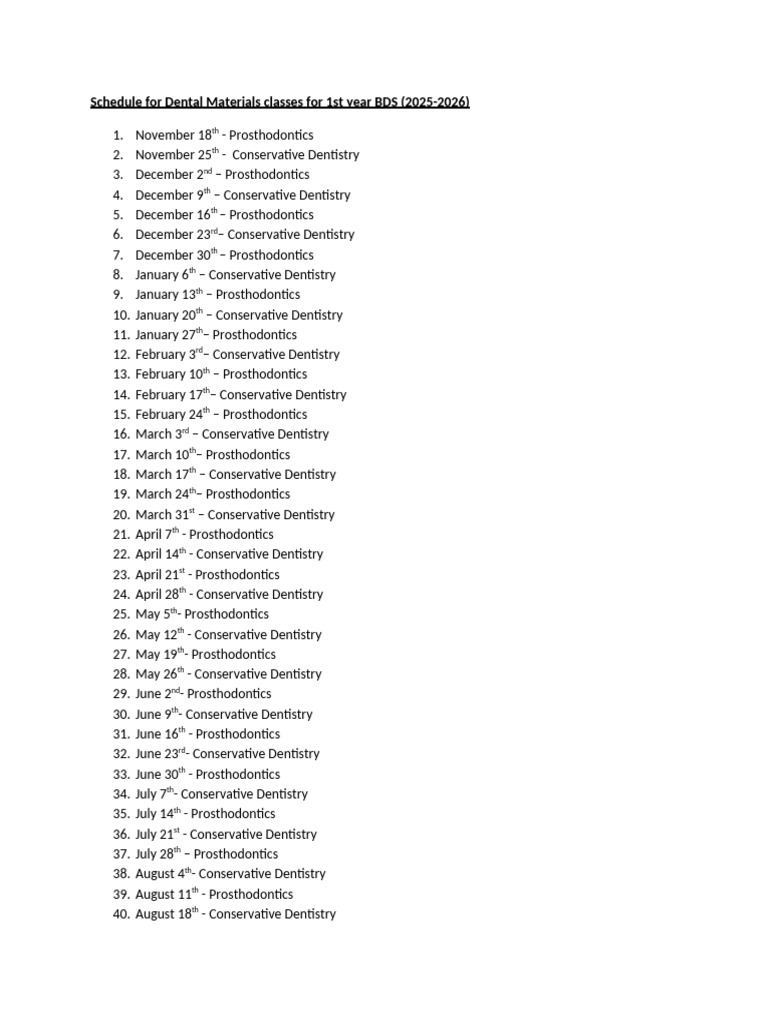 2025-2026 BDS Dental Materials Schedule | PDF