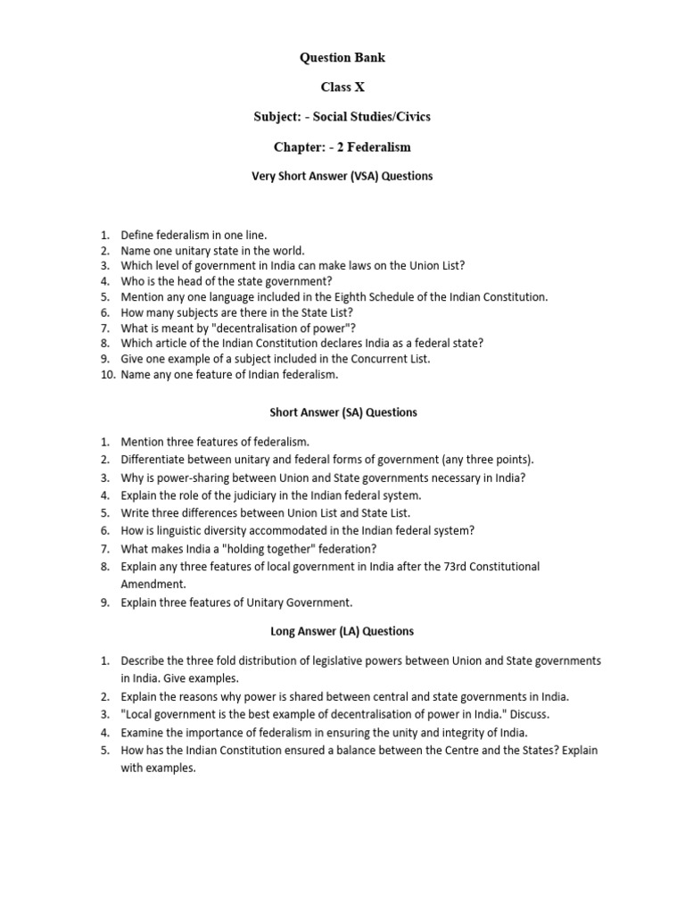 Question Bank Civics Chapter 2 and 3 | PDF | Federalism | Political Science
