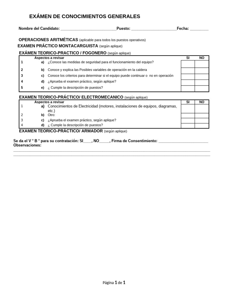 FO-RH-02 Exámen de Conocimientos Generales Rev01 | PDF