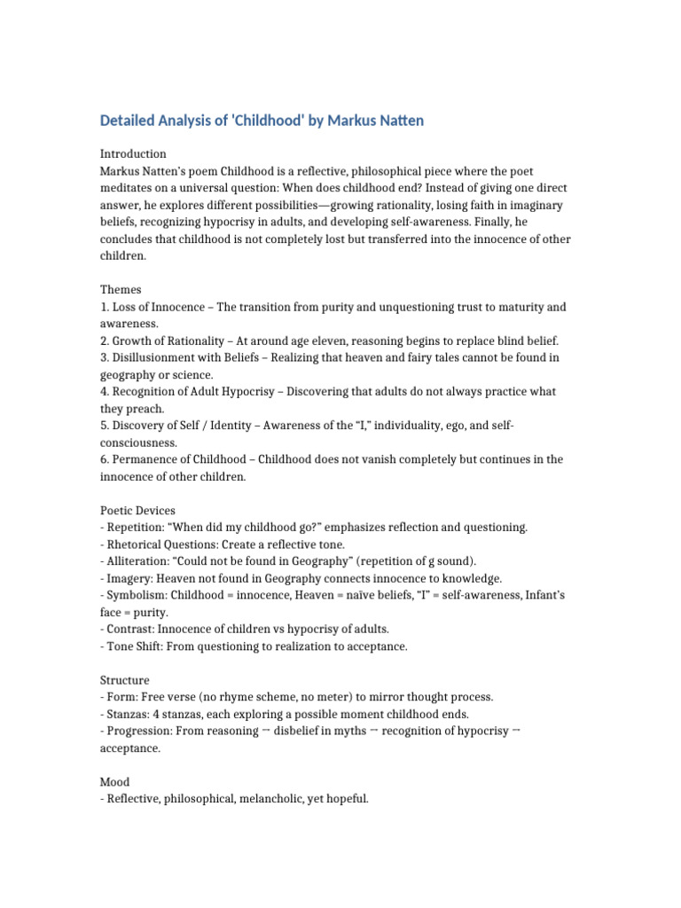 Analysis of Markus Natten's "Childhood" | PDF | Poetry | Psychological ...
