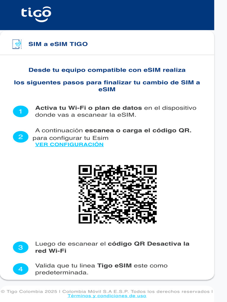SIM a ESIM TIGO Tigo Colombia | PDF