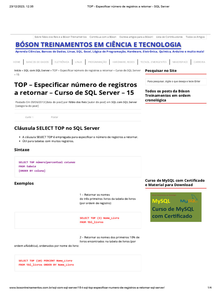 TOP - Especificar Número de Registros A Retornar - SQL Server | PDF ...