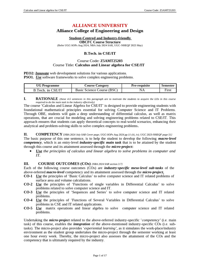 CLA - Z5AMT25203 Final OBCFC Course Structure-CSE IT | PDF | Matrix (Mathematics) | Eigenvalues ...