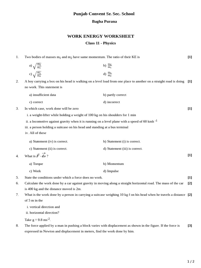 11th Physics Unit 4 Worksheet | PDF | Force | Physics