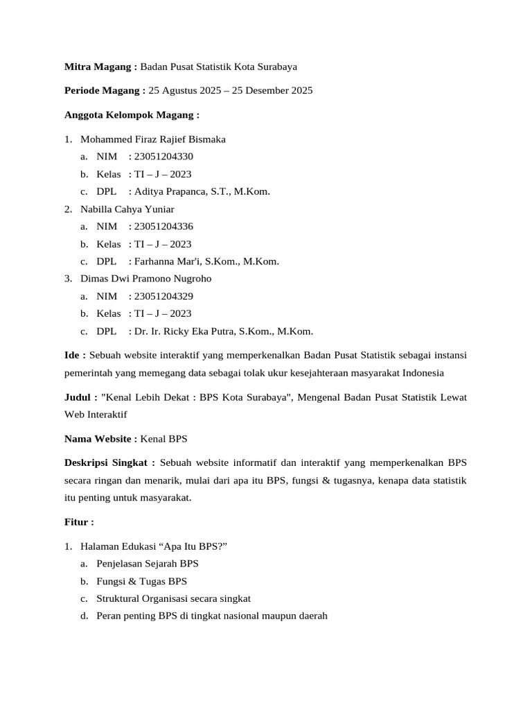 Ide Proyek Magang BPS Kota Surabaya | PDF