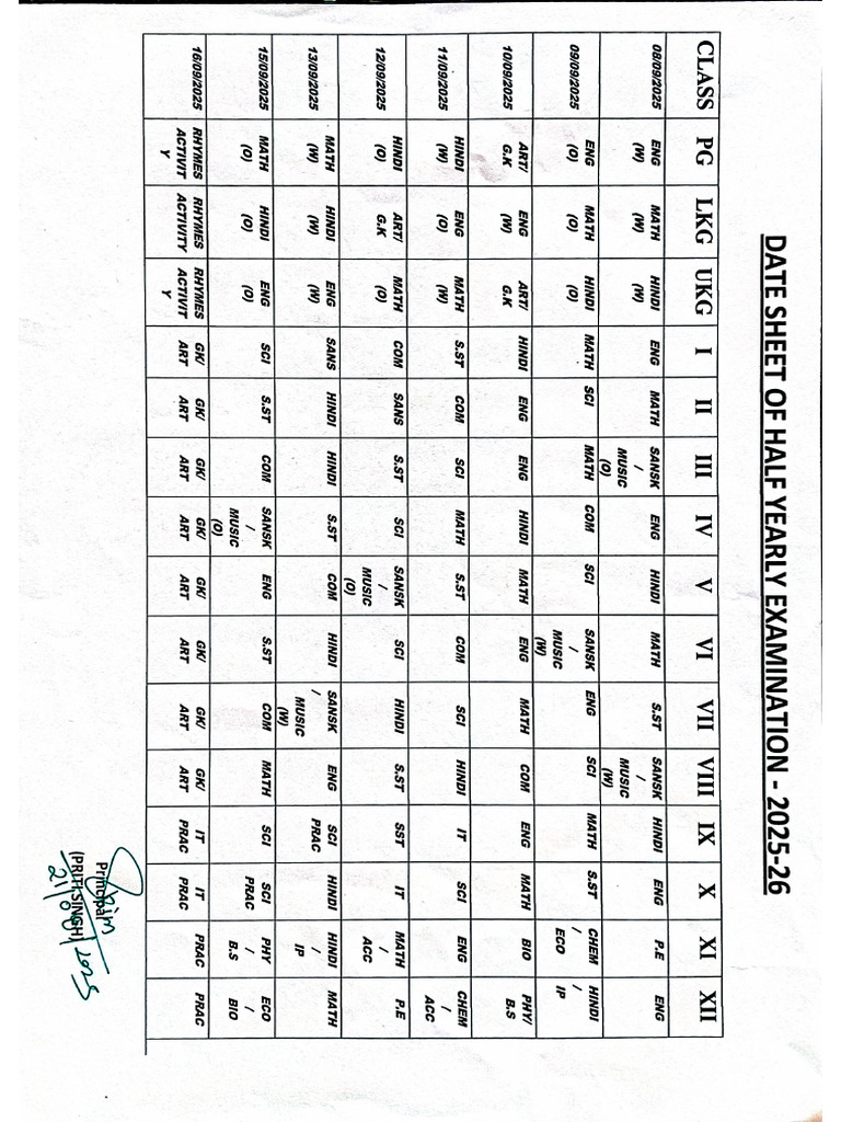 Half Yearly Examination Date Sheet 2025 | PDF