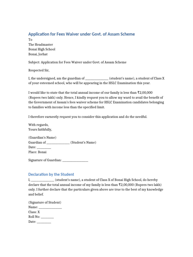 Fees Waiver Application for Bonai High School | PDF