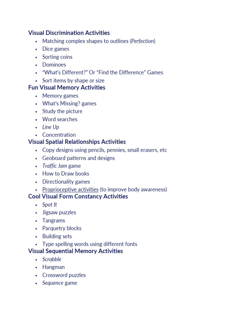 15 Visual Skills Activities for Kids | PDF | Perception | Visual Perception