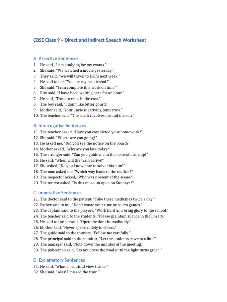 Class 9 Direct and Indirect Speech Worksheet | PDF