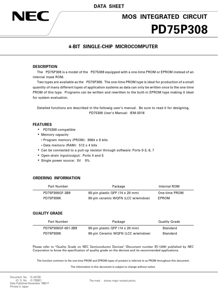 Datasheet - HK Upd75p308 98718 | PDF | Read Only Memory | Computer Memory