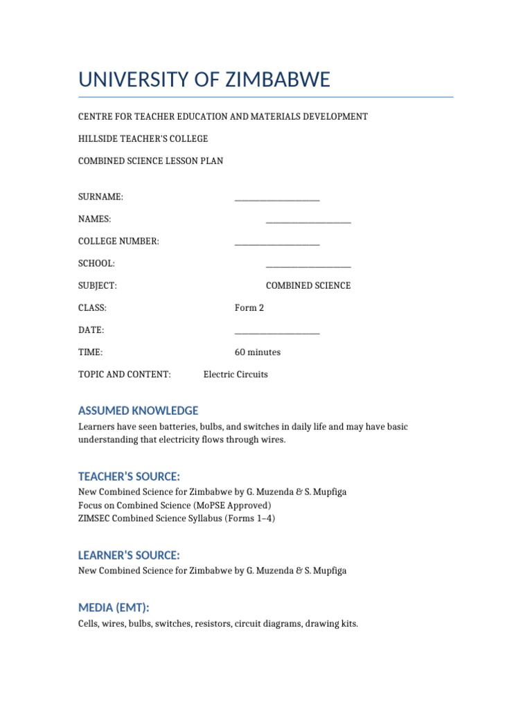 Form 2 Lesson Plan Electric Circuits | PDF | Science | Cognition