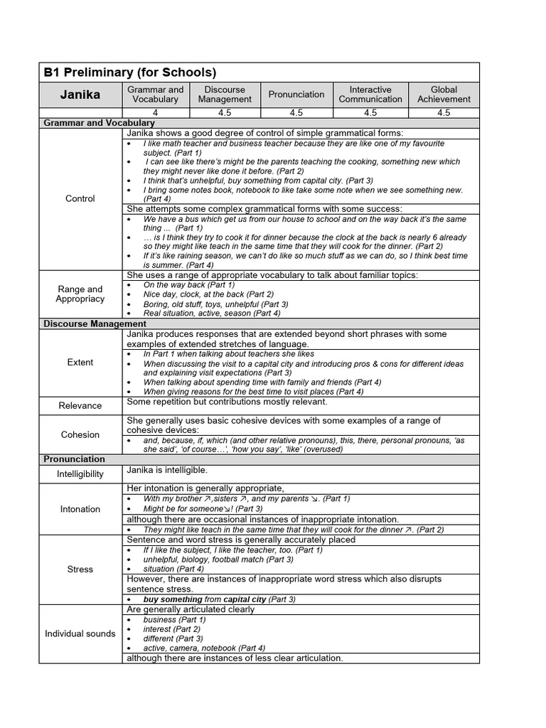 B1 Preliminary Speaking Test Analysis | PDF | Stress (Linguistics) | Word