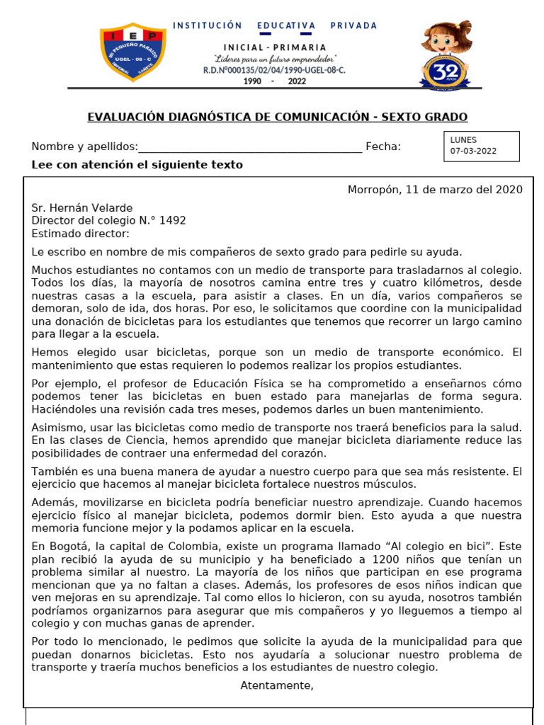 Evaluacion Diagnostica Sexto Grado | PDF | Escuelas | Aprendizaje
