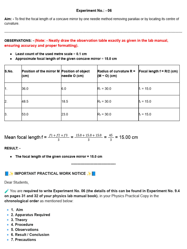 Experiment No. 06 (The Focal Length of A Concave Mirror by One Needle Method Removing Parallax ...