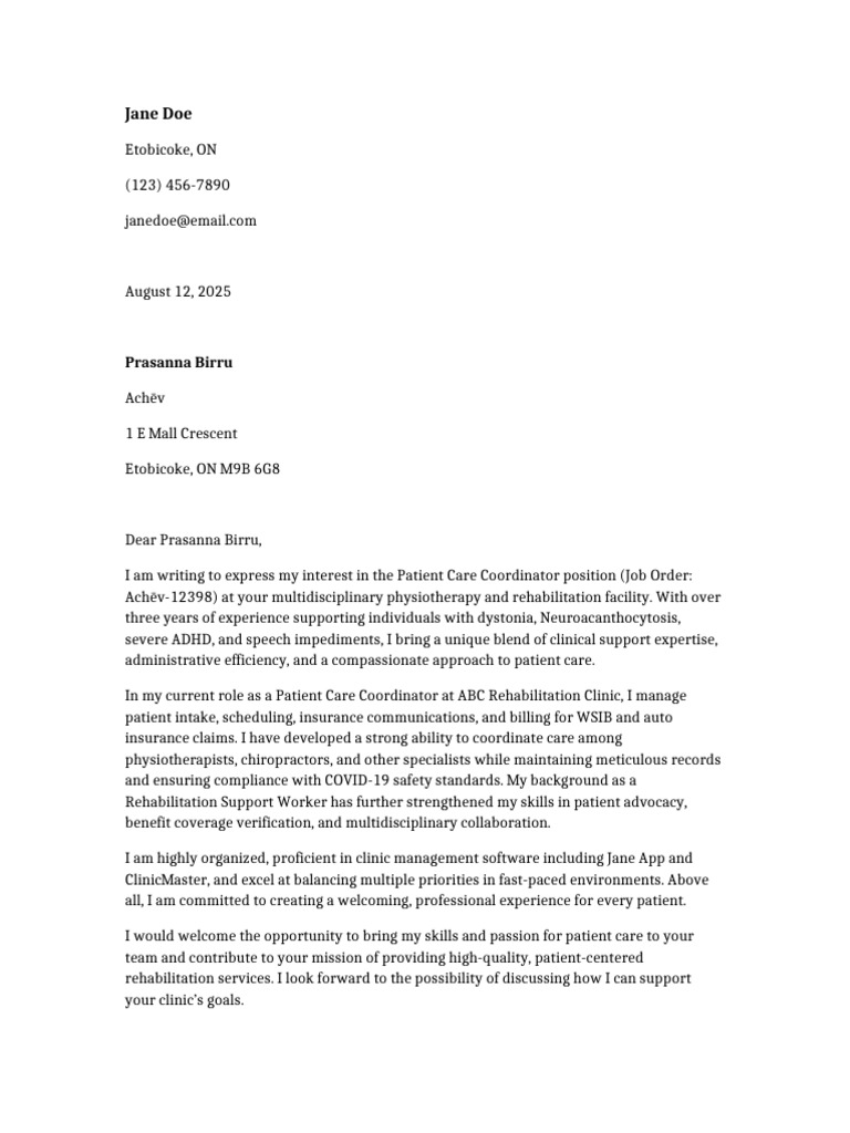 Patient Care Coordinator Cover Letter | PDF