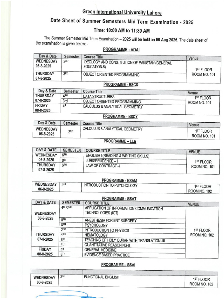 Summer Mid Term Date Sheet | PDF