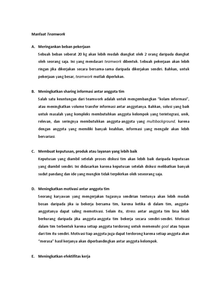 Manfaat Dan Tantangan Teamwork | PDF | Bisnis | Pengembangan Diri
