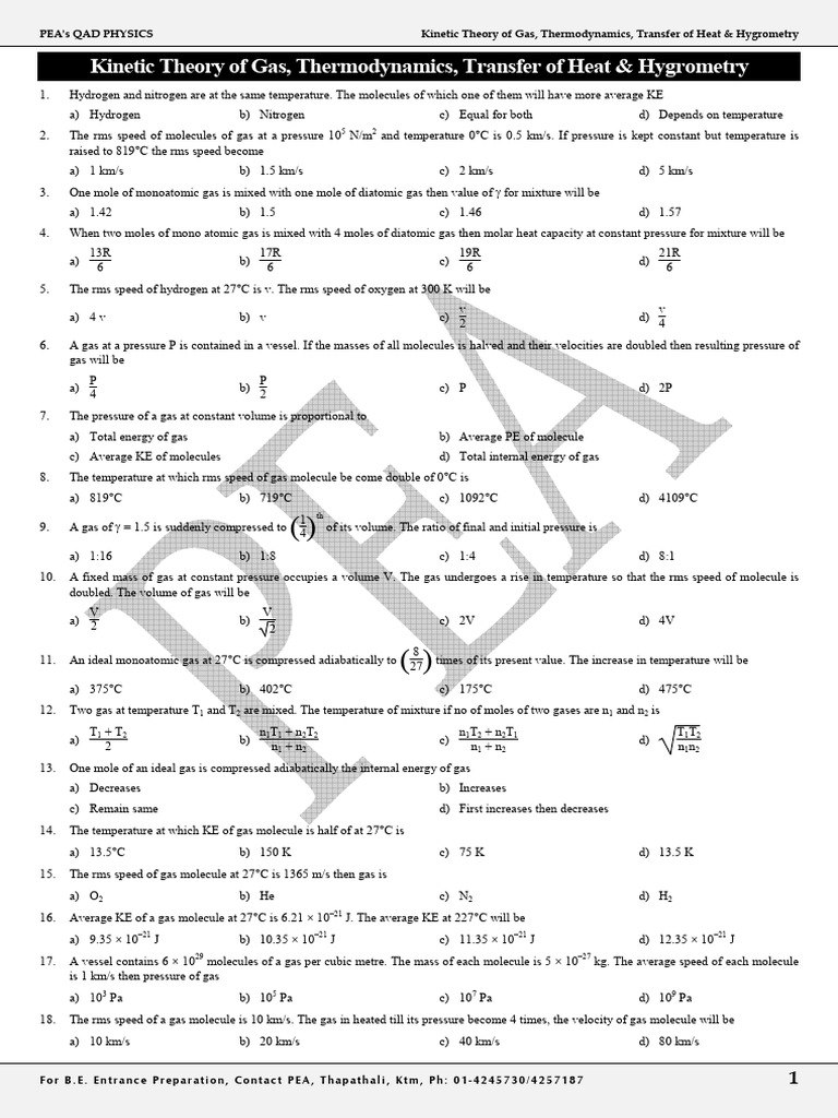 Kinetic Theory of Gas, Thermodynamics, Transfer of Heat & Hygrometry ...