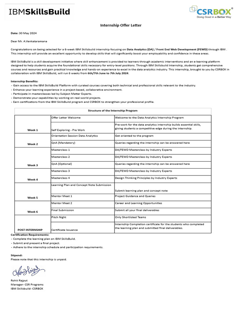 IBM Skillsbuild Internship Offer Letter | PDF | Internship | Job Hunting