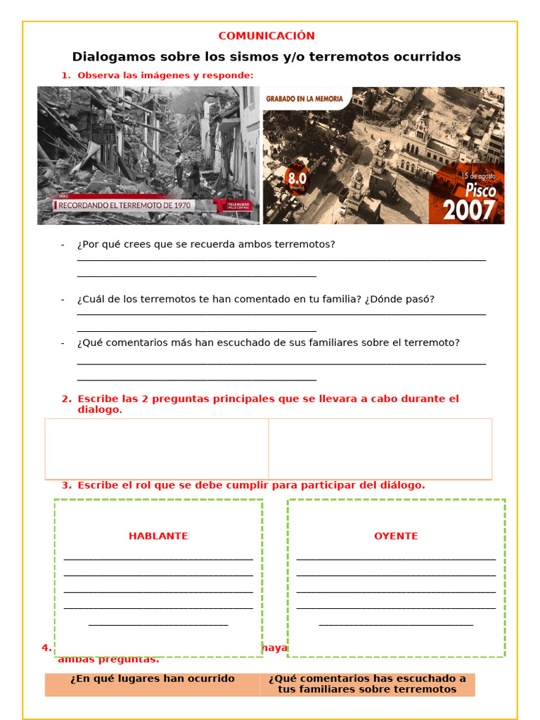 Comu Ficha Dialogamos Sobre Sismos o Terremotos Ocurridos | PDF