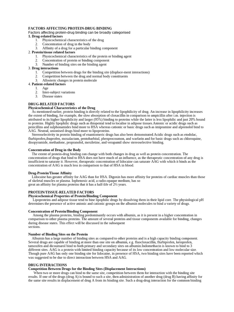 Factors Influencing Protein-Drug Binding | PDF | Molecular Binding | Ligand (Biochemistry)