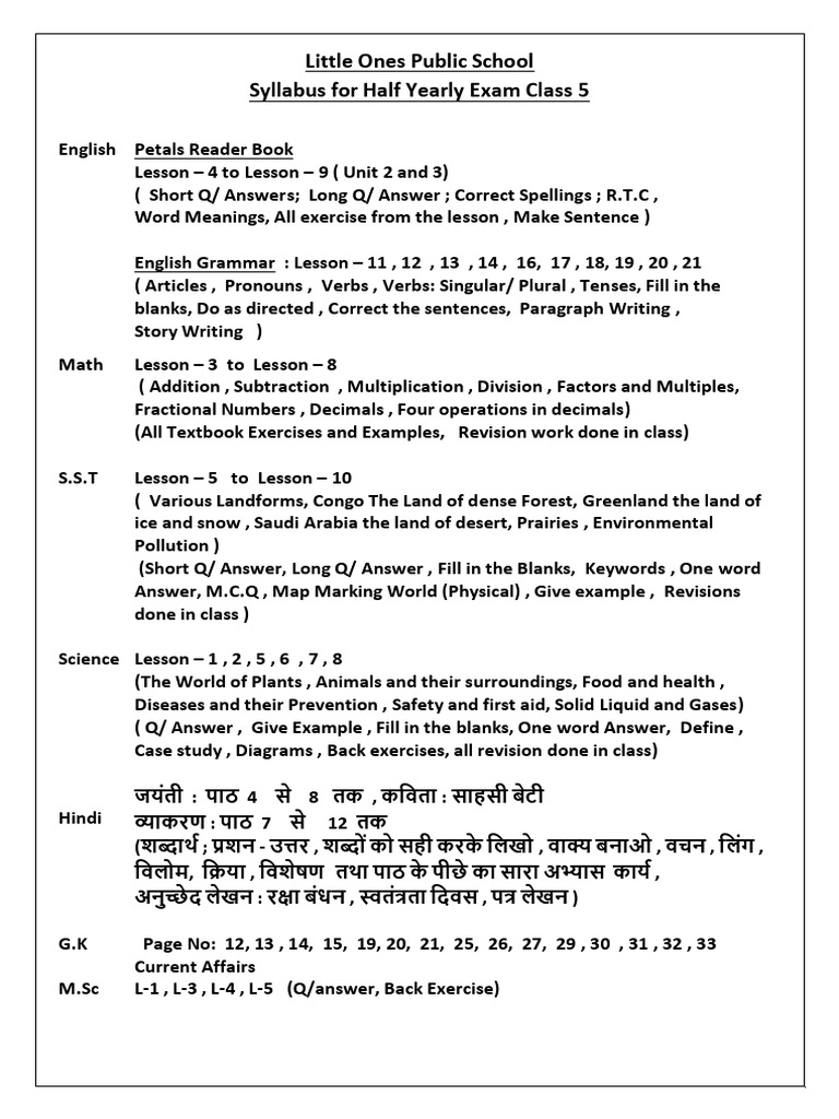 Class 5 Half Yearly Exam Syllabus 2025 | PDF