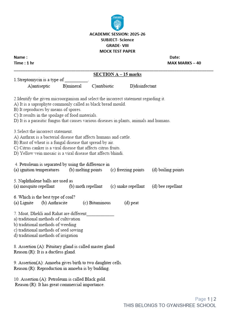 Grade 8 Science Mock Test Paper | PDF | Reproduction | Biology