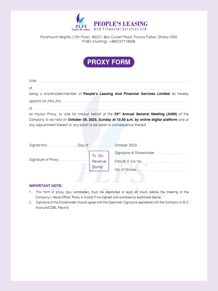 Proxy Form for AGM - People's Leasing | PDF | Proxy Voting | Group ...