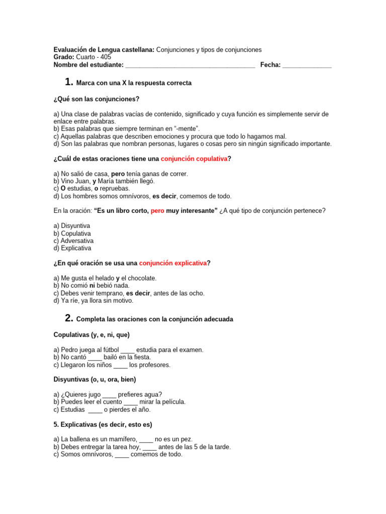 Evaluación de Lengua Castellana, Colegio La Esperanza | PDF