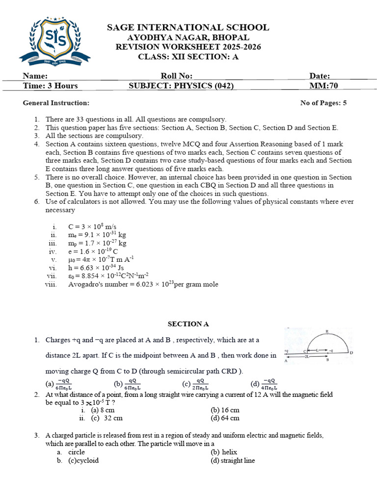 Worksheet Physics Class 12 | PDF | P–N Junction | Electric Current